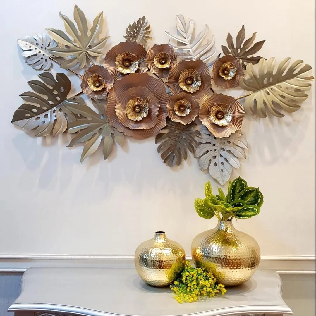 3D Copper Flowers Wall Art Sculpture - Golden Bronze Finish for Sale!